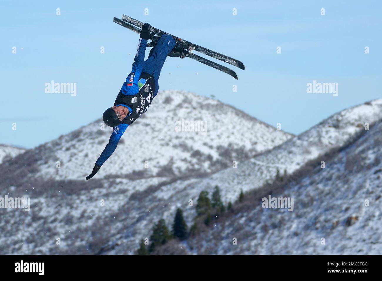 Belarus' Maksim Gustik competes in a World Cup freestyle aerials ...