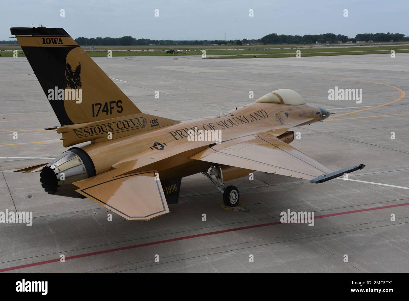 A gold U.S. Air Force F-16A Falcon from the Iowa Air National Guard is ...