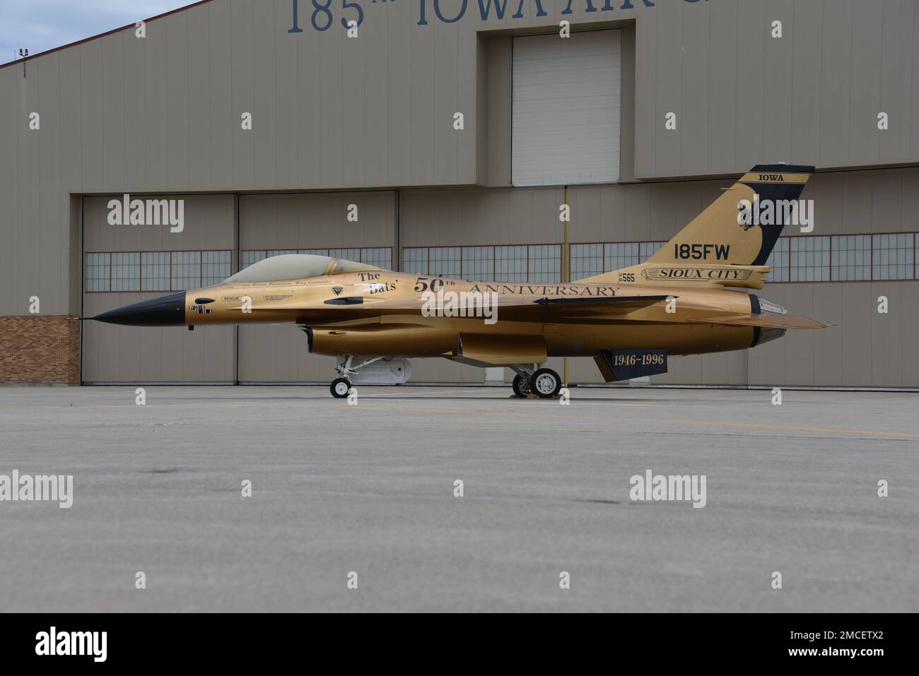A gold U.S. Air Force F-16A Falcon from the Iowa Air National Guard is ...