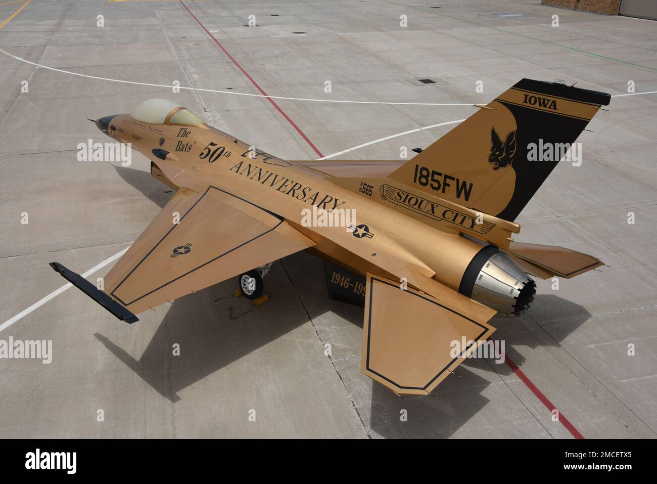 A gold U.S. Air Force F-16A Falcon from the Iowa Air National Guard is ...