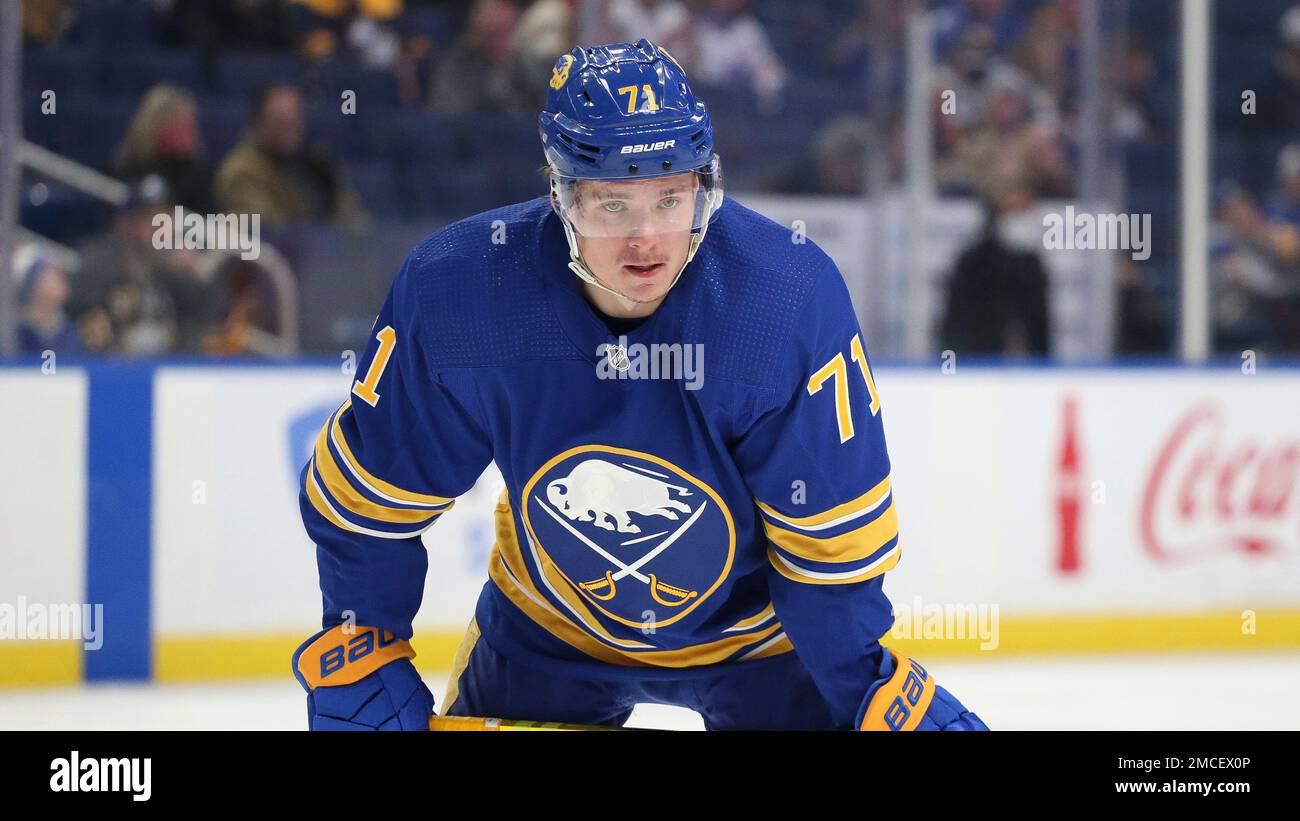 Buffalo Sabres left wing Victor Olofsson (71) looks on during the first ...