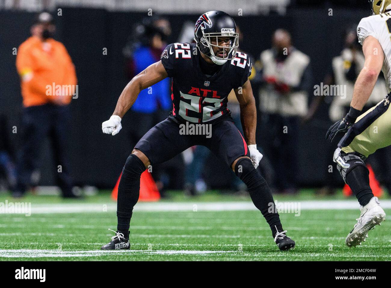 Atlanta Falcons cornerback Fabian Moreau (22) works during the first ...