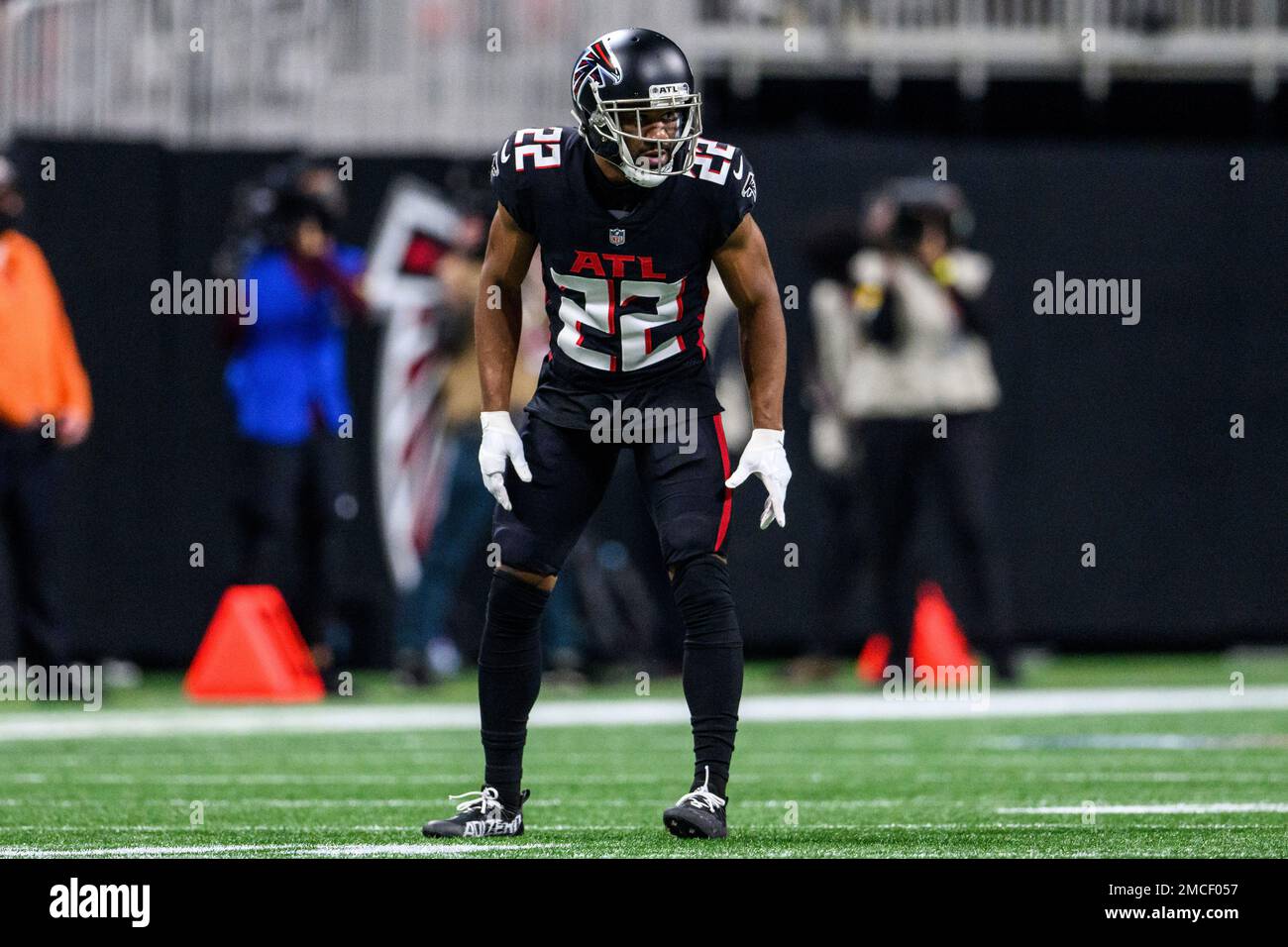 Atlanta Falcons cornerback Fabian Moreau (22) works during the first ...