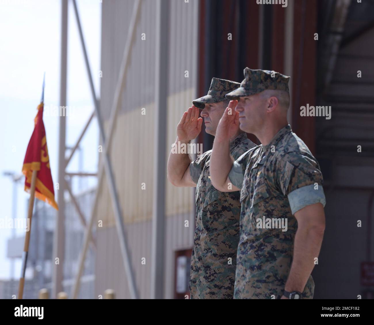 U.S. Marines Lt. Col. Michael Hayes, far, oncoming commanding officer ...