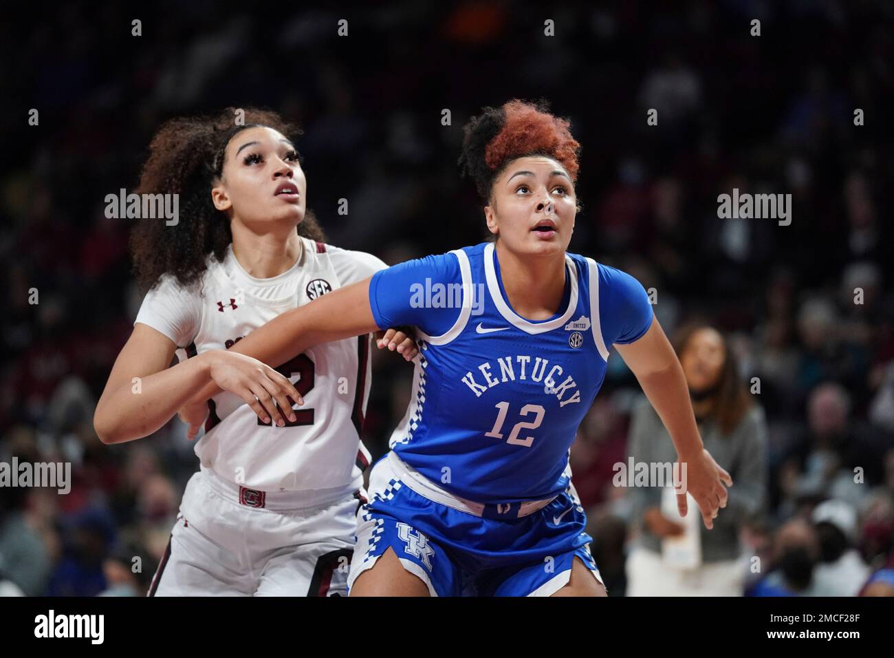 Kentucky guard Treasure Hunt (12) boxes out South Carolina guard Brea ...