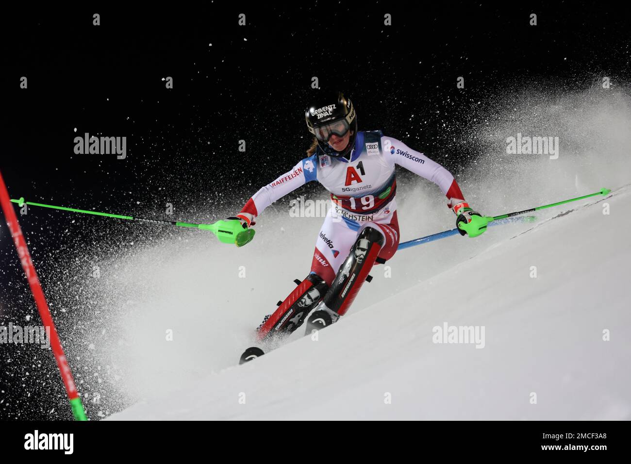 Switzerland's Camille Rast speeds down the course during the first run ...