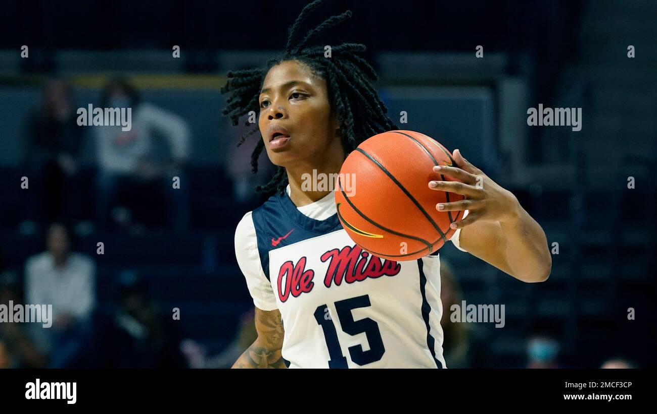 Mississippi guard Angel Baker (15) dribbles the ball up court during ...