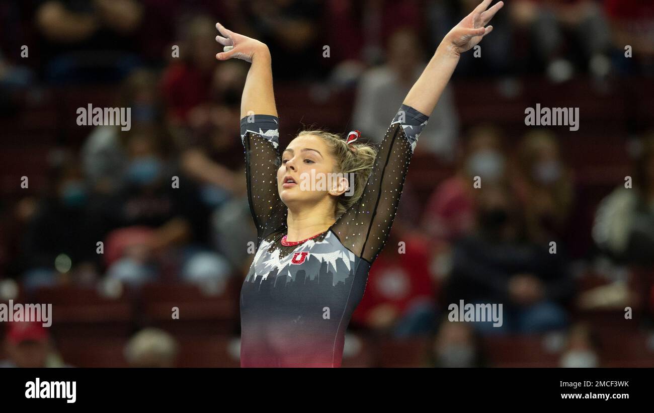 Utah Utes gymnast Lucy Stanhope performs a floor routine during an NCAA ...