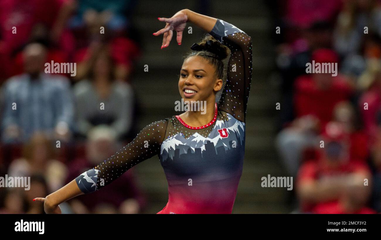 Utah Utes gymnast Jaedyn Rucker performs a floor routine during an NCAA ...