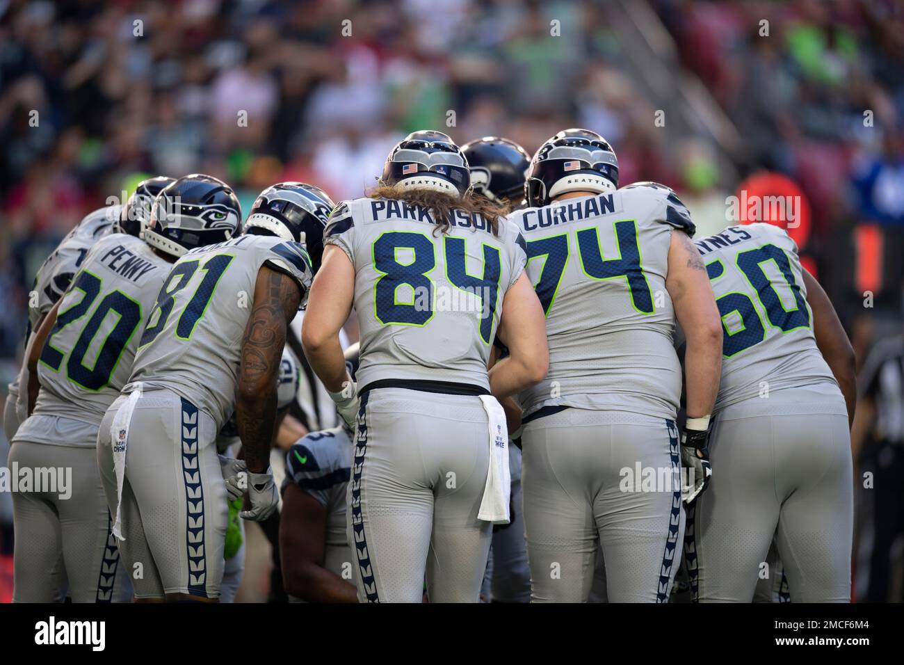 Seattle Seahawks huddles while playing the Seattle Seahawks during an ...