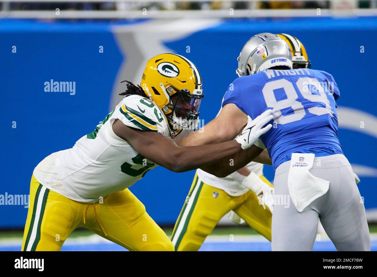 Green Bay Packers linebacker Jonathan Garvin (53) is blocked by Detroit ...