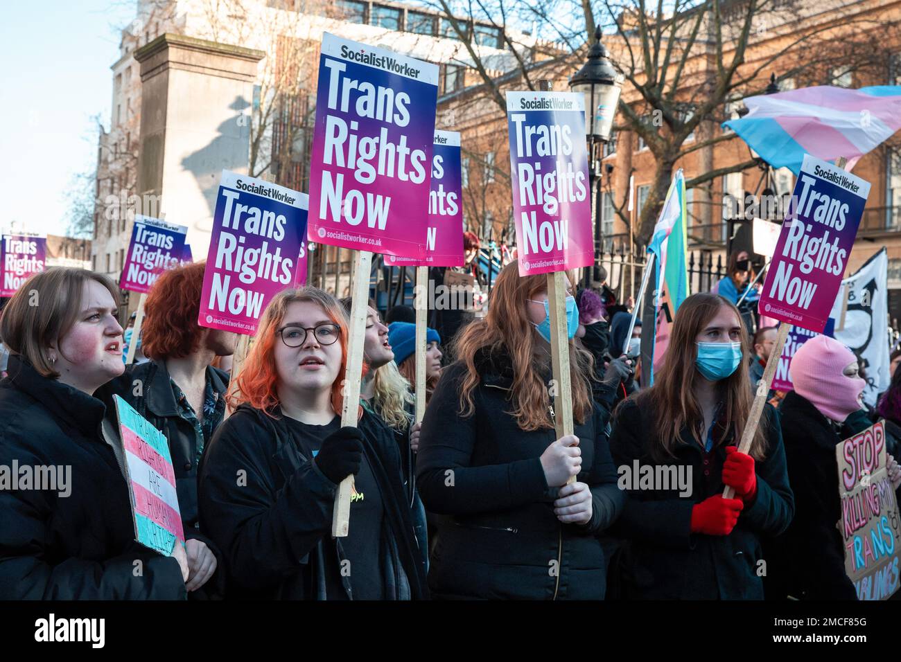 London, UK. 21 January, 2023. Trans rights activists attend a protest ...