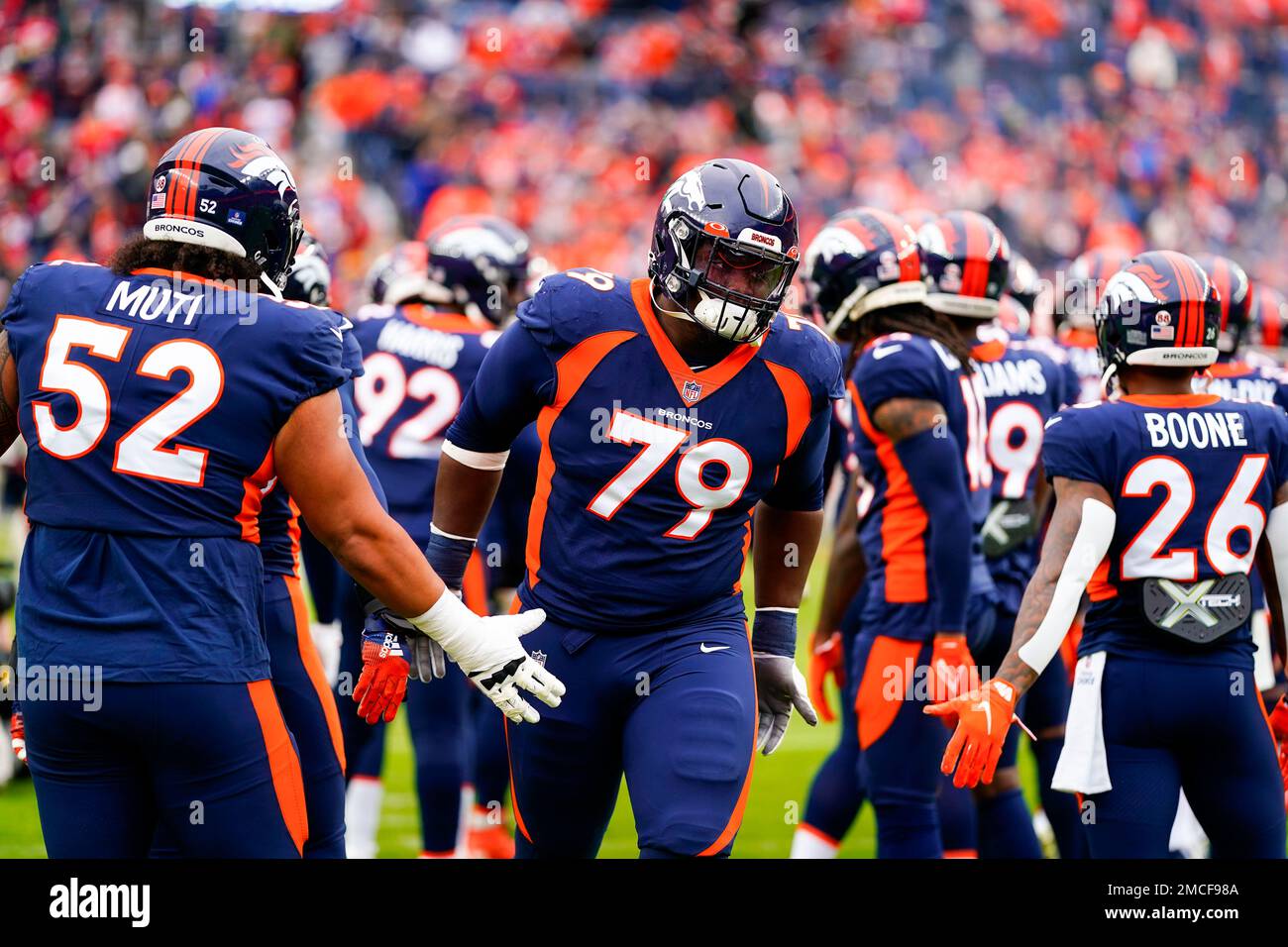 Denver Broncos center Lloyd Cushenberry (79) takes the field during an ...