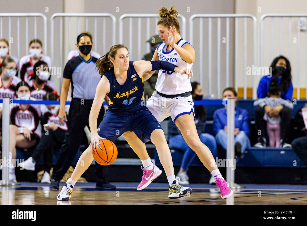 Marquette forward Lauren Van Kleunen (42) dribbles toward the basket ...