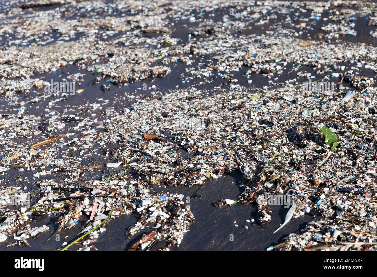 Small particles of plastic washed up on a beach in Newport, Oregon ...