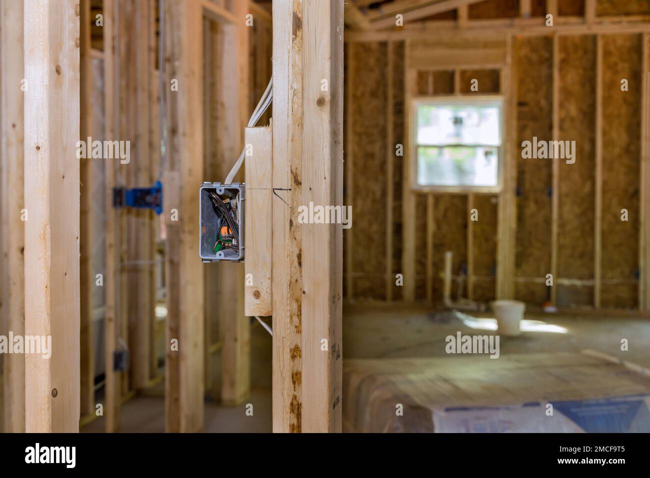 An unfinished wood frame house with basic electrical wiring is being ...