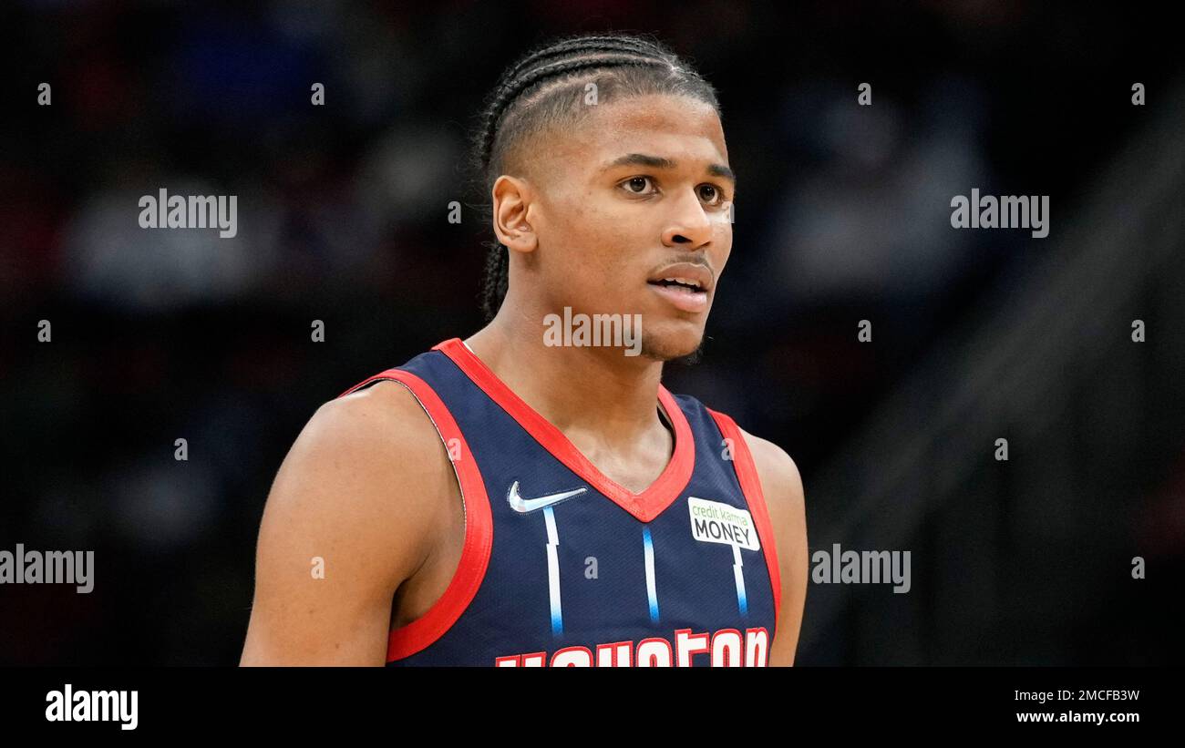 Houston Rockets guard Jalen Green looks on during the first half of an ...