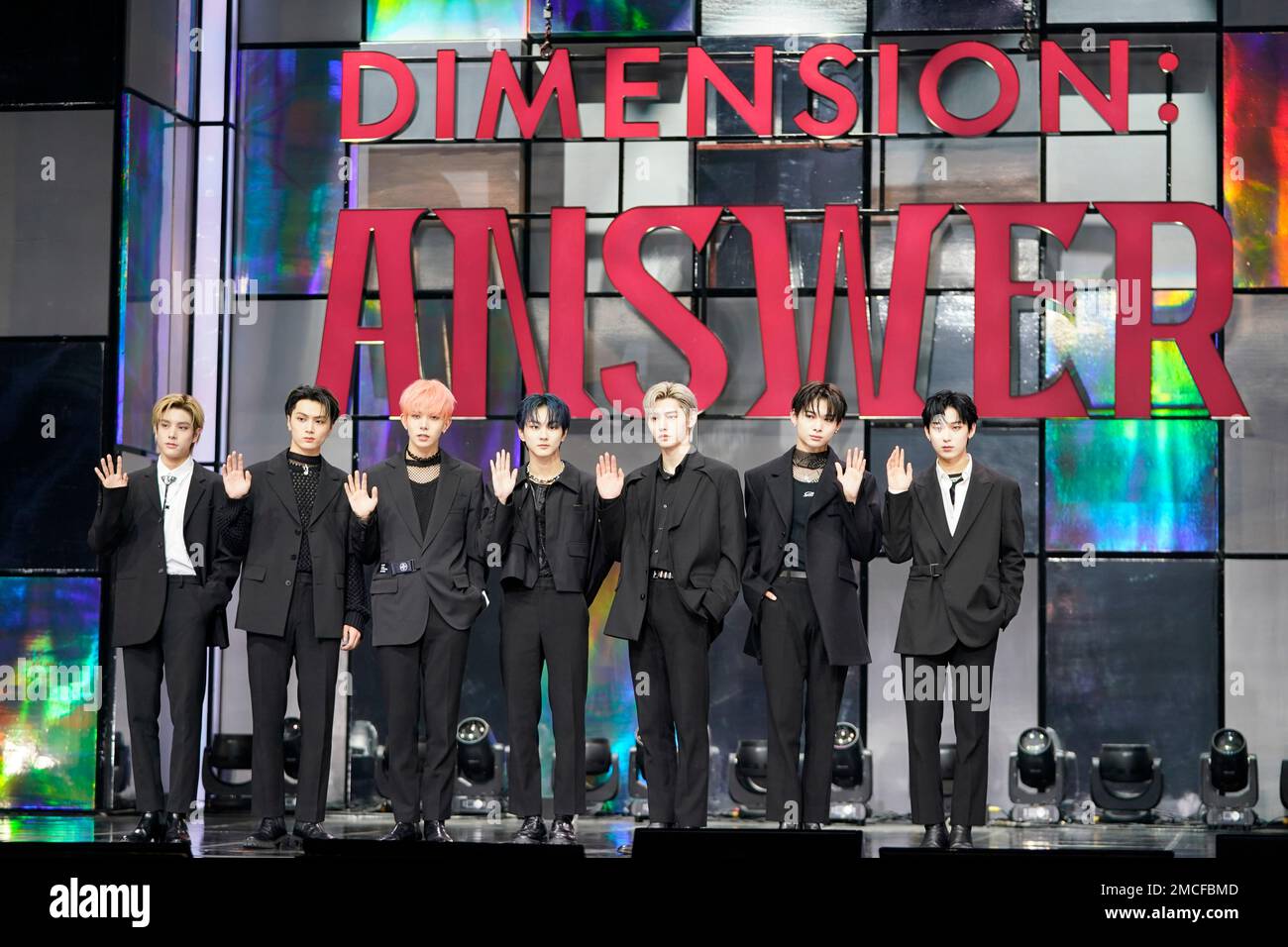 K-Pop group Enhypen pose for photographers during a showcase to ...