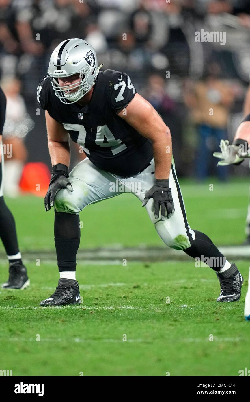 Las Vegas Raiders offensive tackle Kolton Miller (74) lines up during ...