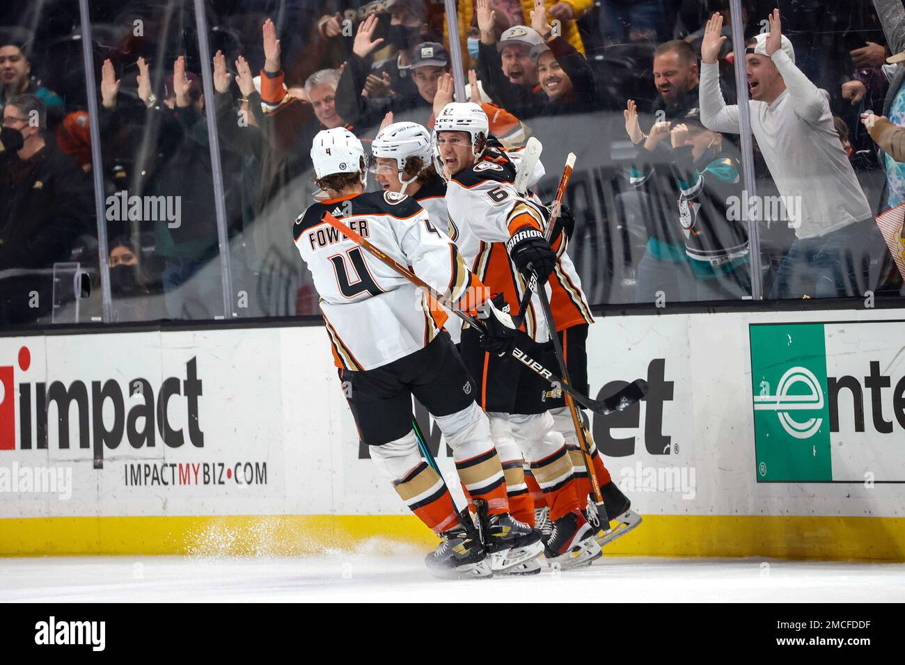 Anaheim Ducks players celebrate their goal against the Detroit Red ...
