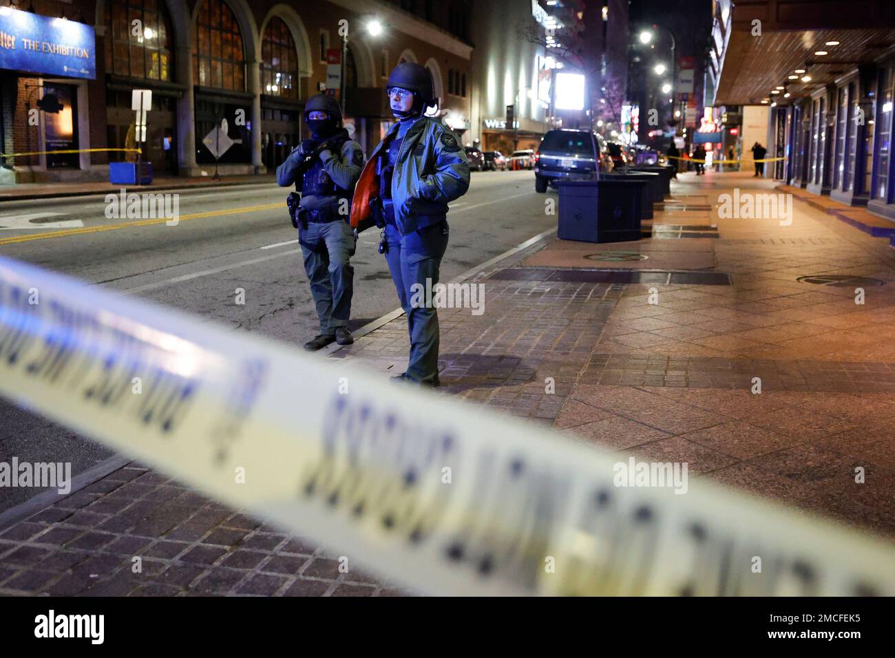 Police block a downtown street following a protest, Saturday, Jan. 21 ...