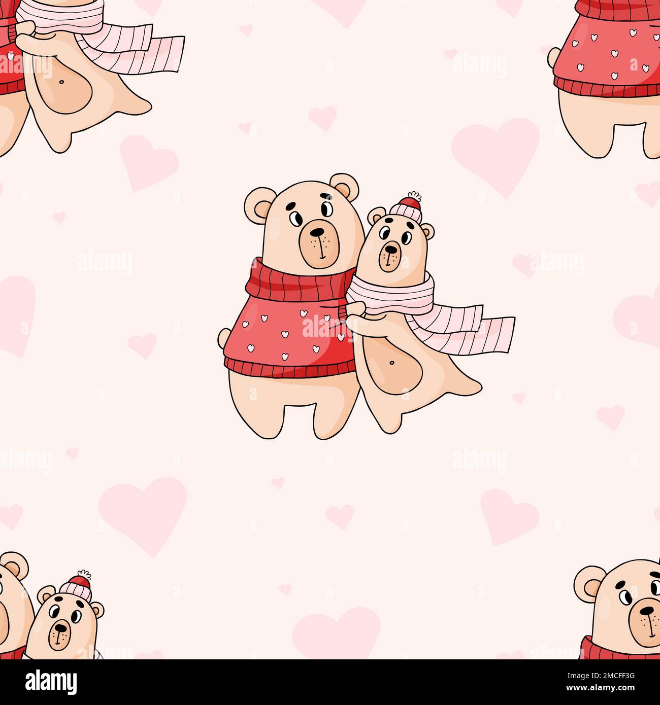 Love seamless pattern. Cute enamored bears in winter clothes on pink ...