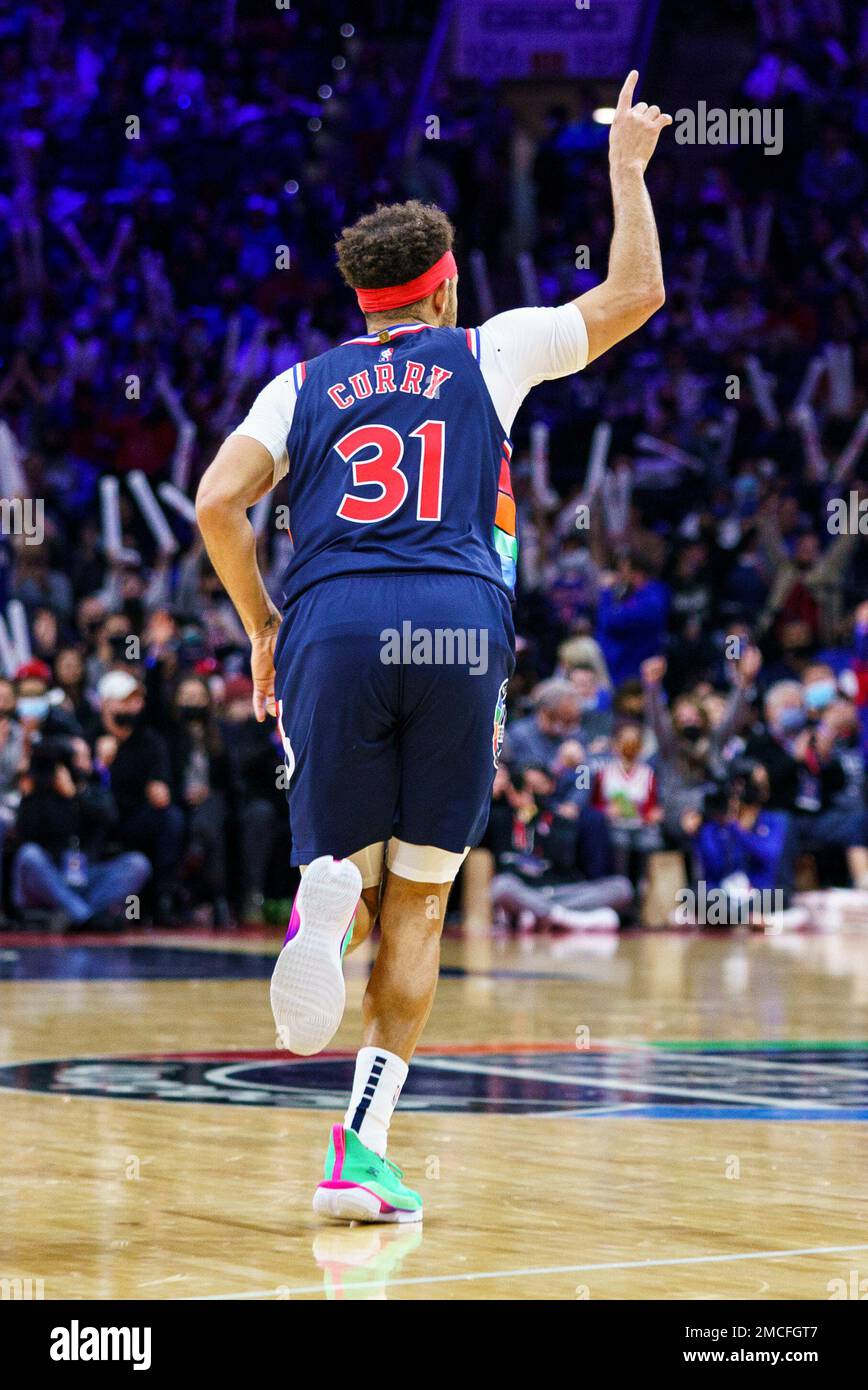 Philadelphia 76ers' Seth Curry reacts during the second half of an NBA ...