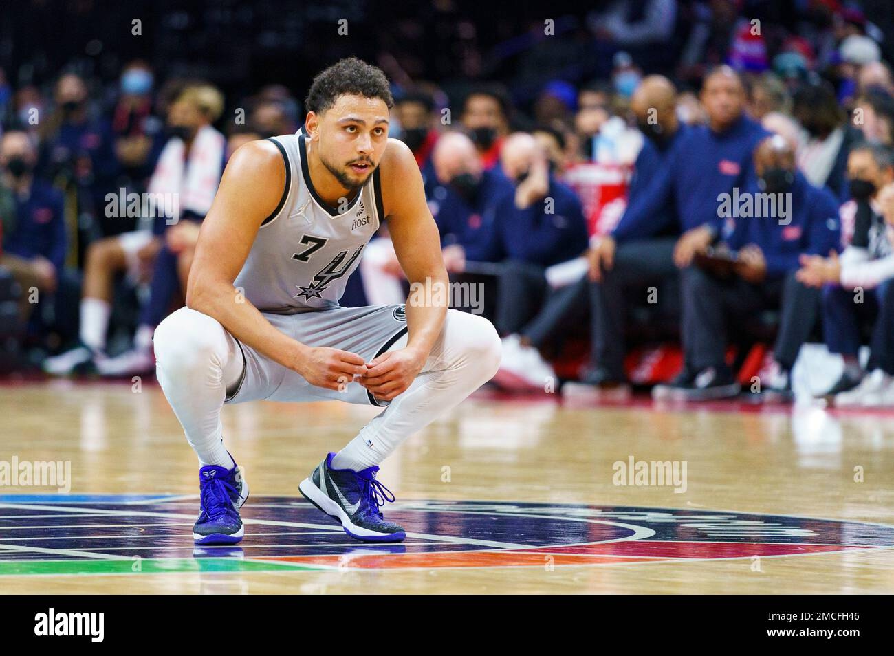San Antonio Spurs' Bryn Forbes looks on during the first half of an NBA ...
