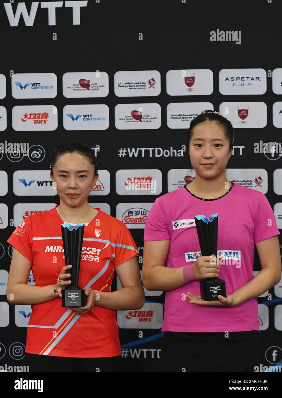 Doha, Qatar. 21st Jan, 2023. Jeon Jihee/Shin Yubin (R) of South Korea ...