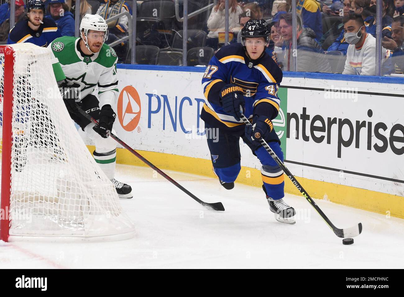 Dallas Stars left wing Michael Raffl (18) pressures St. Louis Blues ...