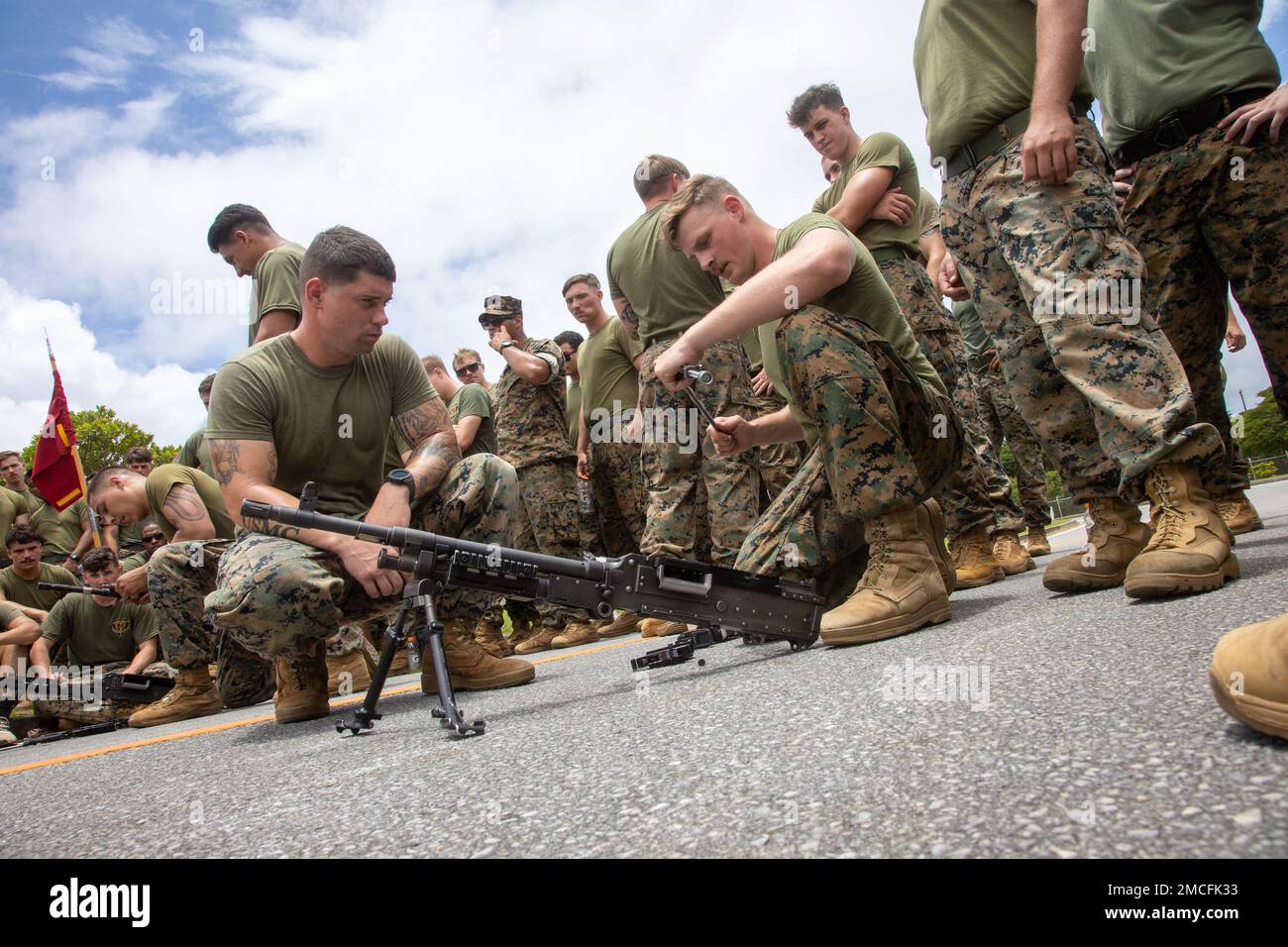 U.S. Marines with 3d Battalion, 3d Marines reassemble an M240B machine ...