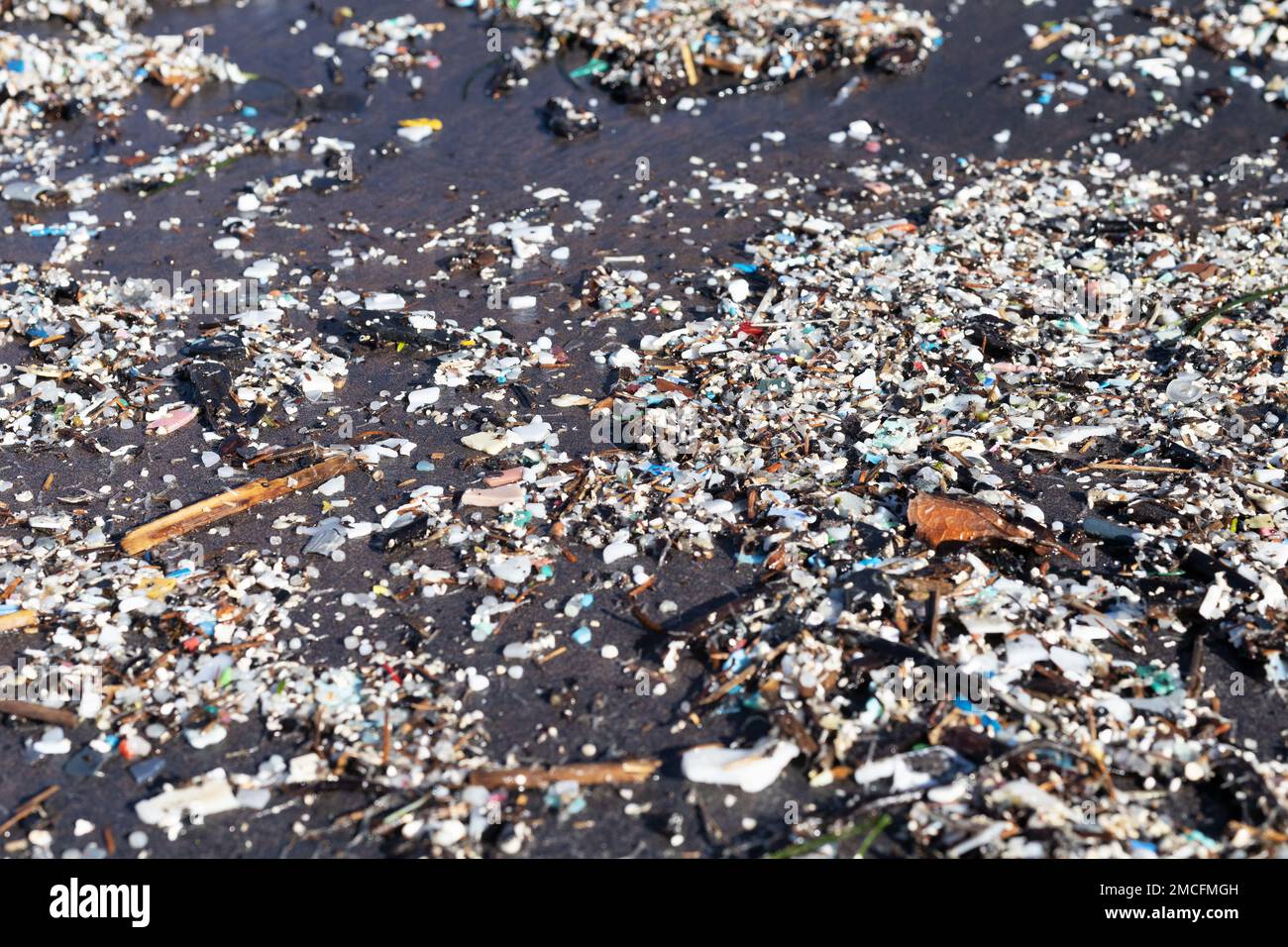 Small particles of plastic washed up on a beach in Newport, Oregon ...