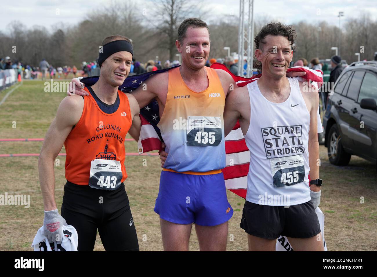 Masters Men's winner Ben Bruce aka Benjamin Bruce (center) poses with ...
