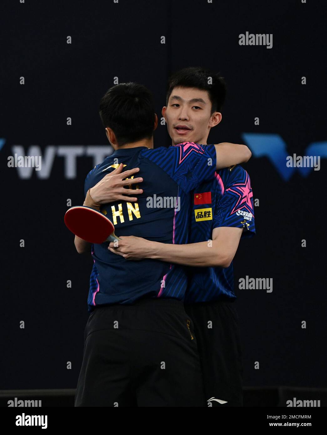Doha, Qatar. 21st Jan, 2023. Yu Ziyang/Zhou Kai (R) of China celebrate ...