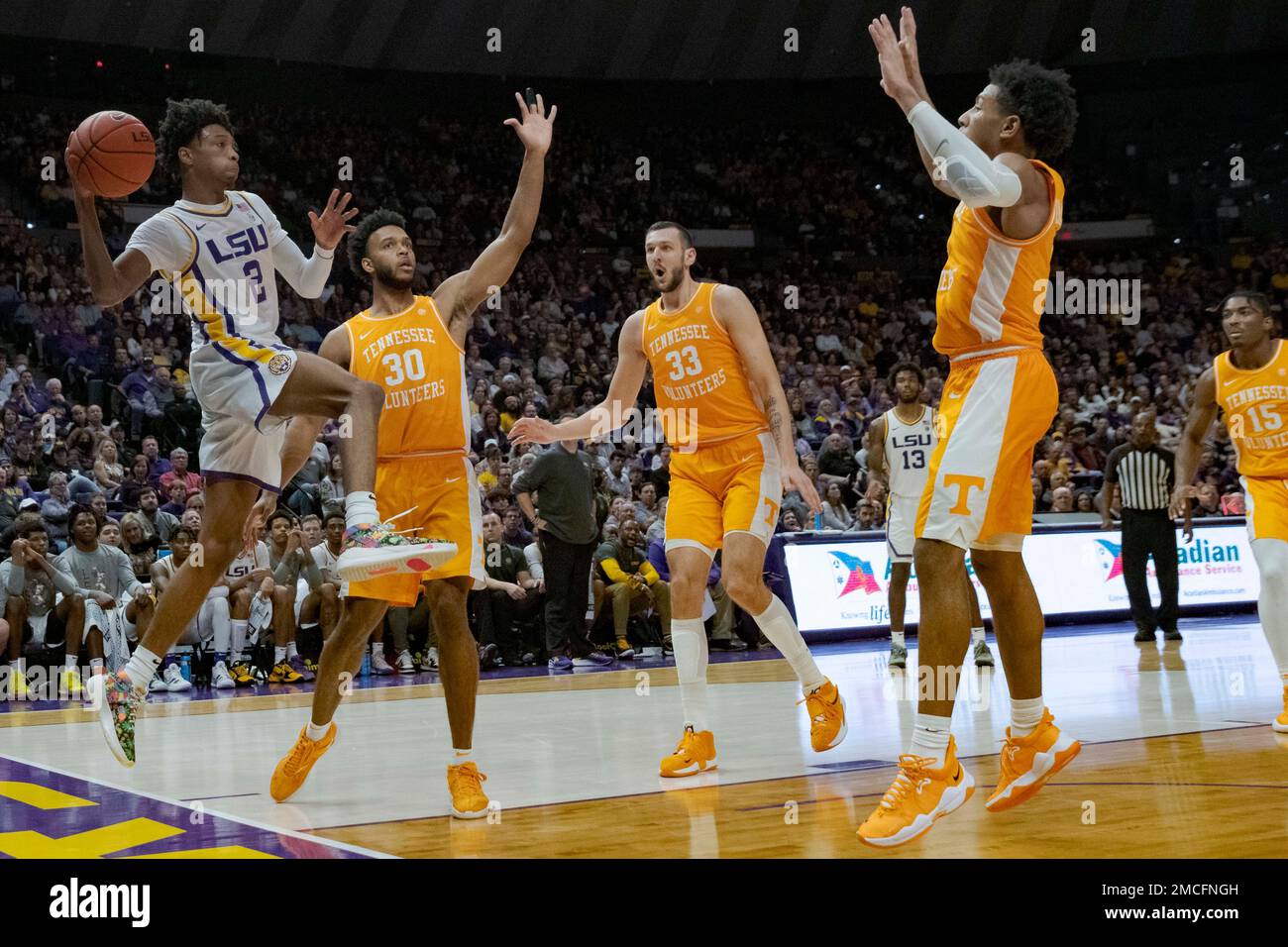LSU guard Eric Gaines (2) jumps to keep the ball inbounds against ...