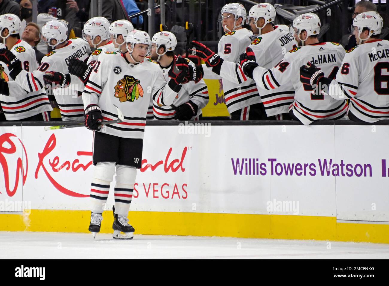 Chicago Blackhawks defenseman Riley Stillman (61) is congratulated for ... Chicago Blackhawks defenseman Riley Stillman (61) is congratulated for ...