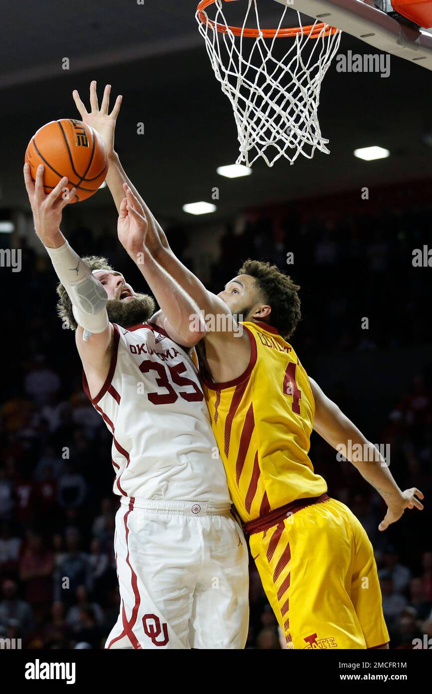 Oklahoma forward Tanner Groves (35) shoots against Iowa State forward ...
