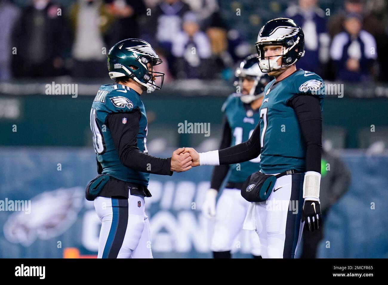 Philadelphia Eagles quarterback Gardner Minshew, left, and quarterback ...