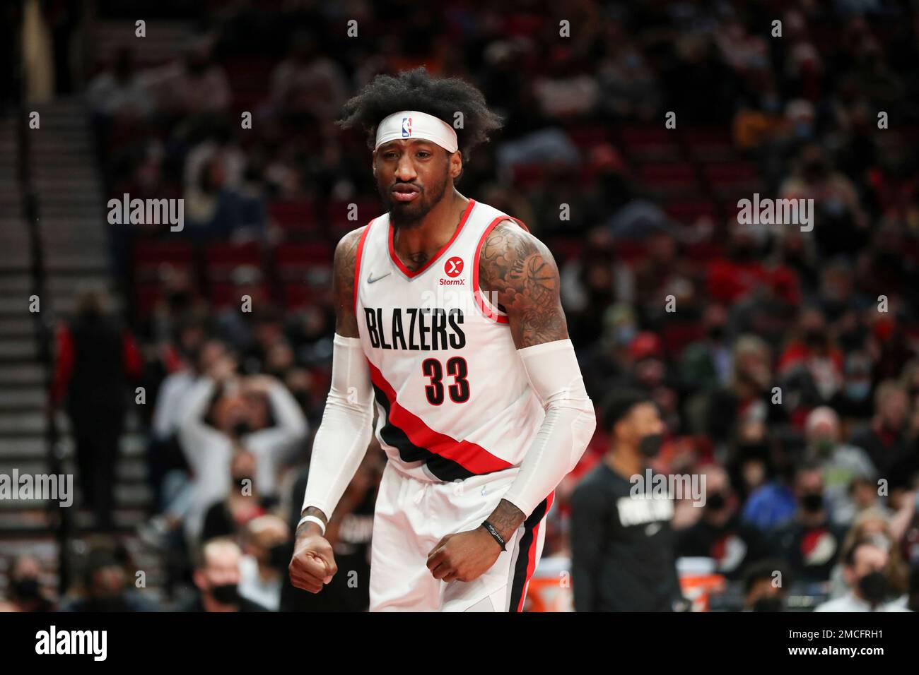 Portland Trail Blazers forward Robert Covington reacts to a call during ...