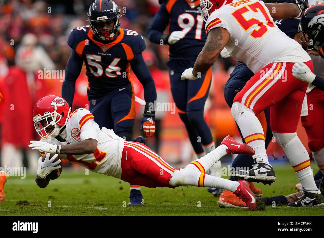 Kansas City Chiefs wide receiver Mecole Hardman (17) falls forward ...