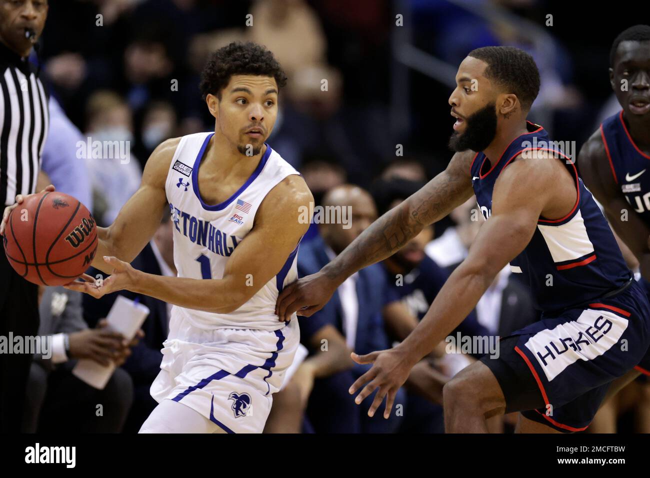 Seton Hall guard Bryce Aiken (1) looks to pass against Connecticut ...