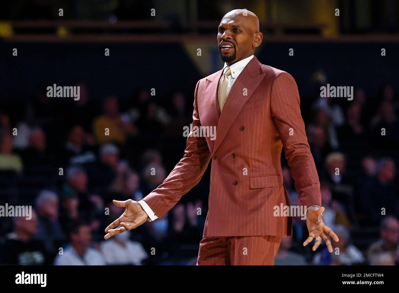 Vanderbilt head coach Jerry Stackhouse reacts to a call during an NCAA ...