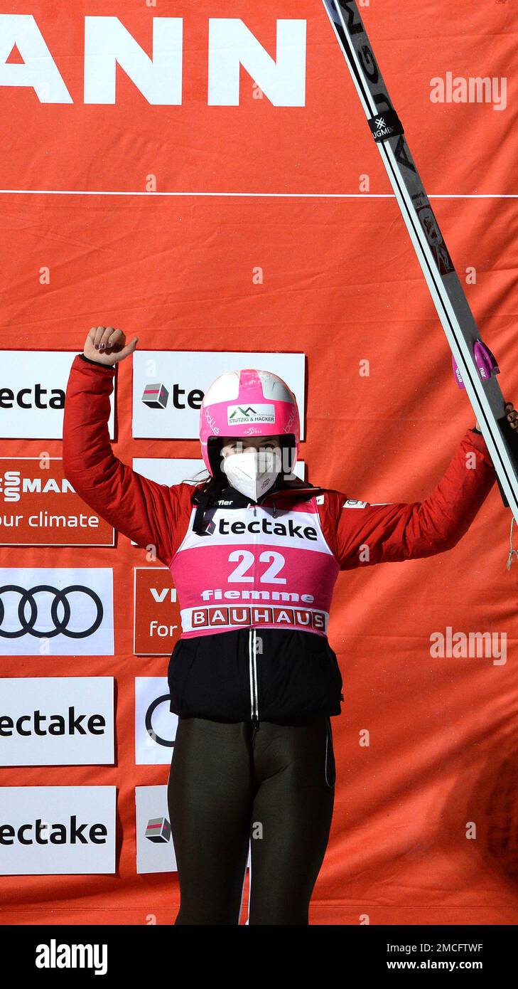 Third place, Austria's Lisa Hirner celebrates on the podium after the ...