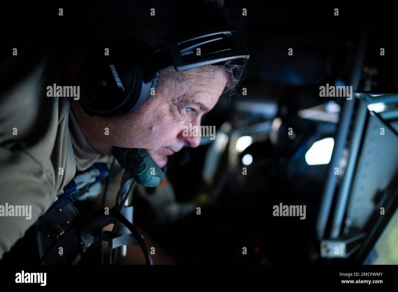 A KC-135 boom operator assigned to the 506th Expeditionary Air Refueling Squadron, Andersen Air ...
