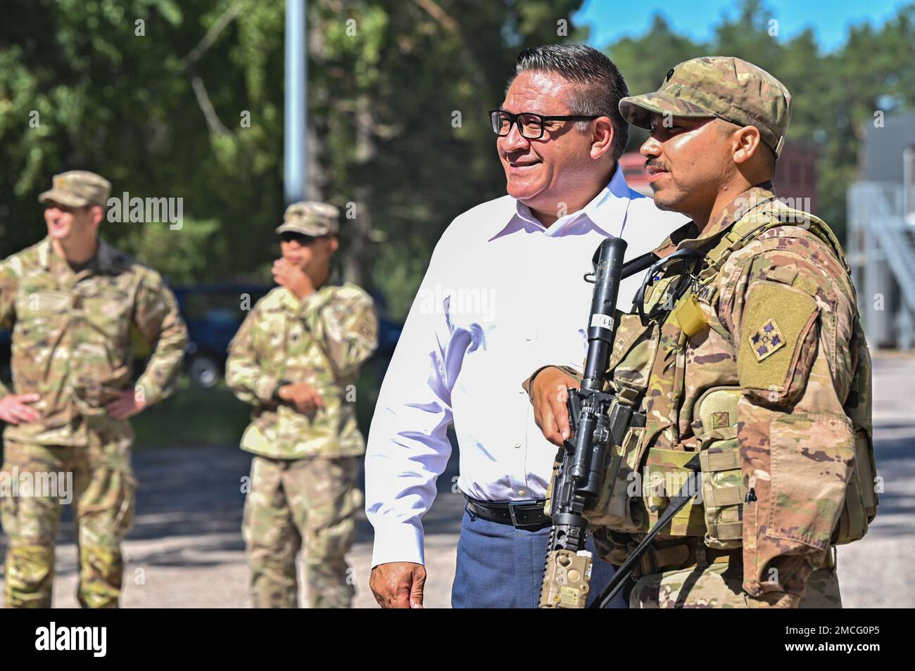 U.S. Rep. Jimmy Panetta and U.S. Army Spc. Randy Núñez with the 588th Brigade Engineer Battalion ...