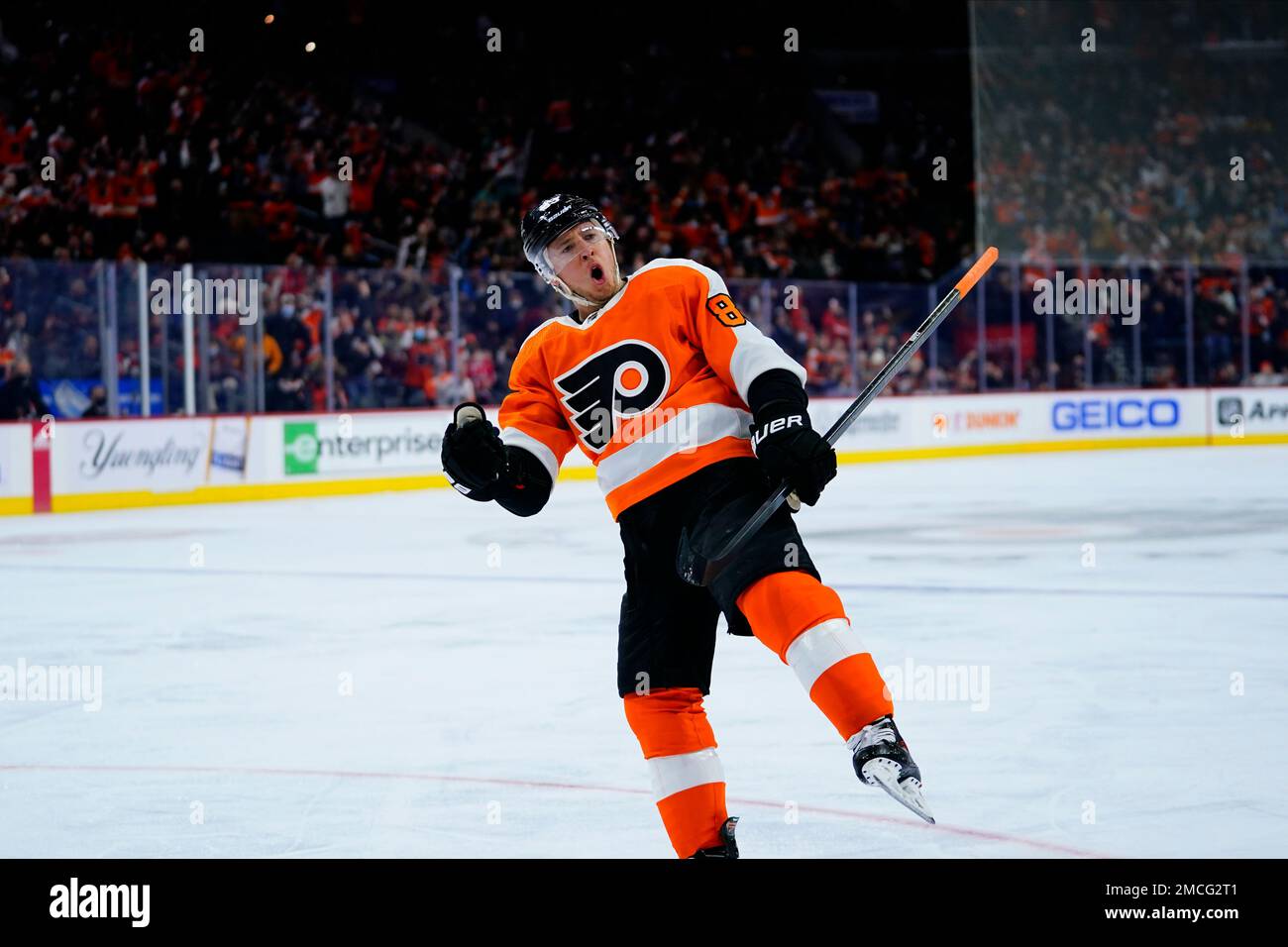Philadelphia Flyers' Cam Atkinson celebrates during an NHL hockey game ...