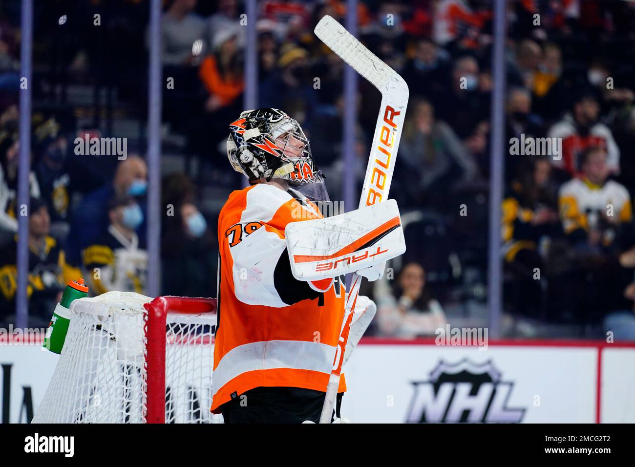 Philadelphia Flyers' Carter Hart plays during an NHL hockey game ...