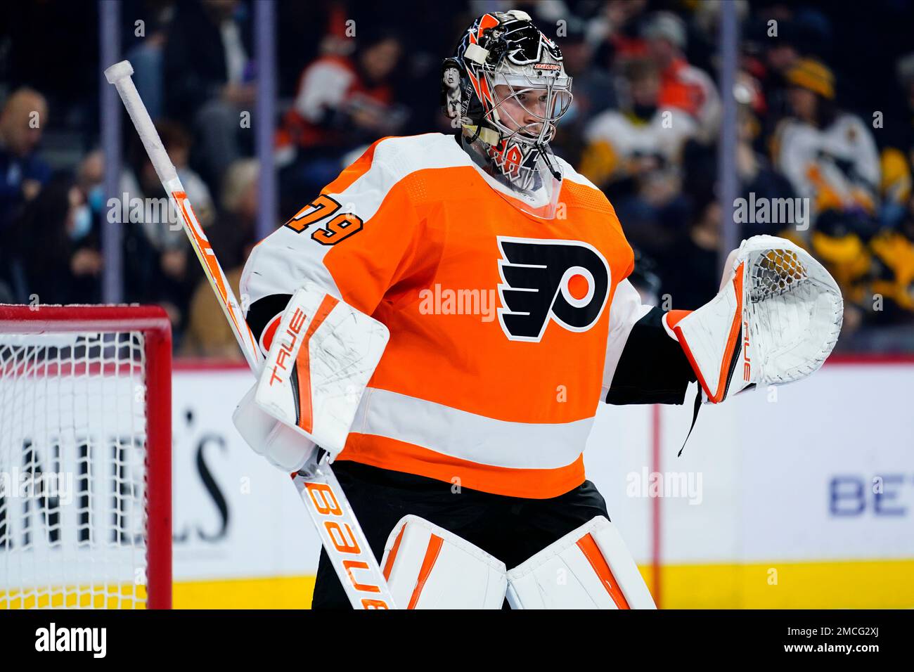 Philadelphia Flyers' Carter Hart plays during an NHL hockey game ...
