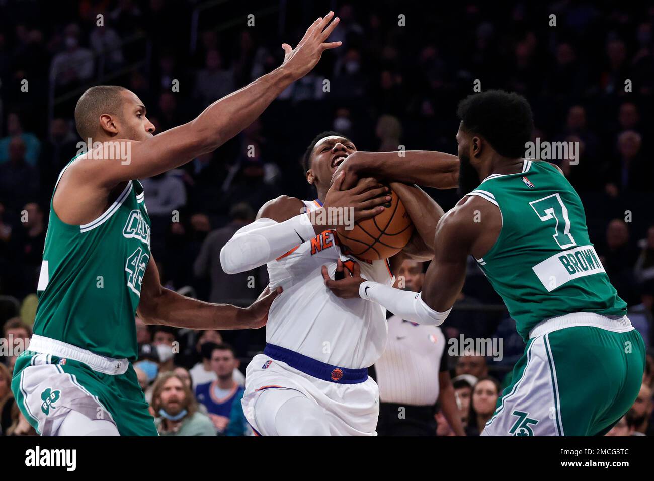 Boston Celtics guard Jaylen Brown (7) takes the ball from New York ...