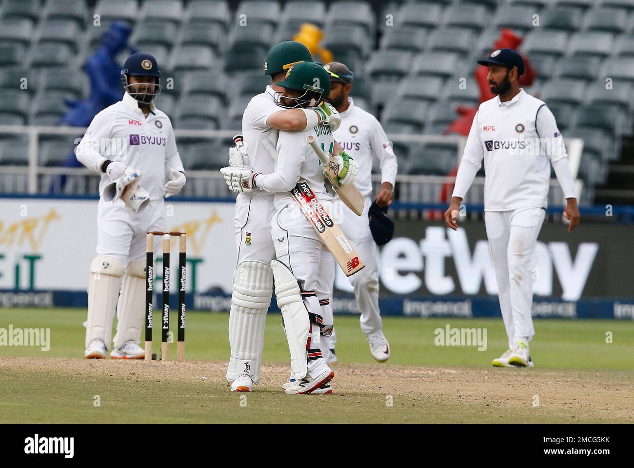 South Africa's Dean Elgar and Temba Bavuma celebrate winning the second ...